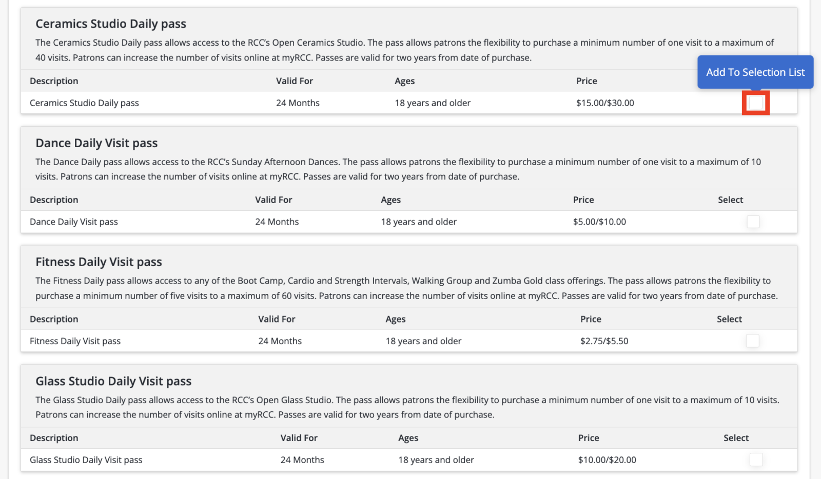 Purchasing Passes/Renew a Pass - RCC